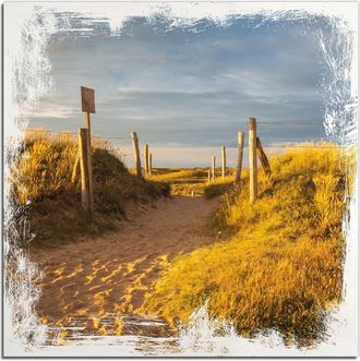 Wallario Wandbild aus Holz Düne am Strand bei Sonnenuntergang in Frankreich - 40 x 40 cm in Premium-Qualität: Brillante Farben