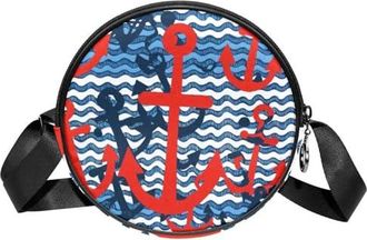Generic Sac &agrave; bandouli&egrave;re rond pour femme, motif rayures ondul&eacute;es, ancres, petit sac &agrave; bandouli&egrave;re avec fermeture &eacute;clair, bretelles r&eacute;glables, sac &agrave; main rond