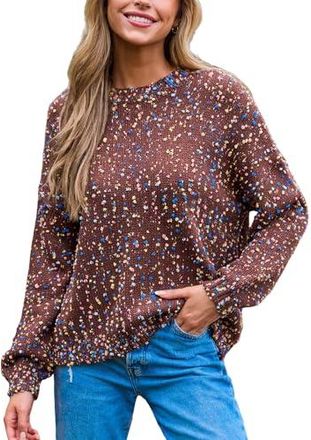 Cupshe Pull à manches longues pour femme en tricot à bord côtelé, effet pointillé arc-en-ciel, marron, Taille L