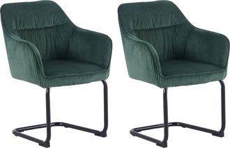 Byliving ELBA Schwingstuhl 2er Set, drehbar 180&deg; mit R&uuml;ckholfunktion, Grob-Cord dunkelgr&uuml;n, Metallgestell schwarz, Armlehnen