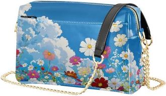 Mnsruu Sacs à bandoulière pour femme, bleu ciel, nuages blancs, fleurs, sacs à main en cuir