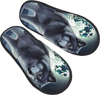 Generic Chaussons Maison Loup Sous La Lune Doux Chaussons Antidérapantes Pantoufles Pour De Camping DIntérieur Automne L