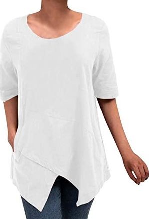 Generic Chemisiers d&eacute;t&eacute; pour femme - Grande taille - Manches quart - T-shirts en coton pour femme - Coupe ample - Chemise en lin boh&egrave;me ample - Haut blanc - H