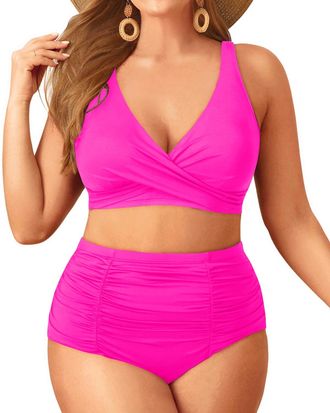 Holipick Zweiteiliger Badeanzug in &Uuml;bergr&ouml;&szlig;e f&uuml;r Damen, hohe Taille, Bikini, Bauchkontrolle, Badeanz&uuml;ge, Twist-Front-Badebekleidung, Knallpink (Hot Pink), 22 P