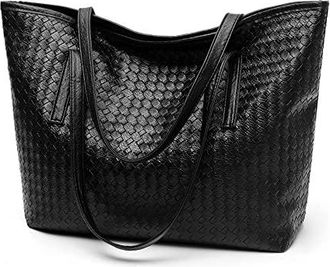 Generic Sac fourre-tout &agrave; motif tiss&eacute; pour femme, sac &agrave; main en cuir noir, grand sac &agrave; main tendance, sac &agrave; bandouli&egrave;re d&eacute;contract&eacute; avec poign&eacute;e sur le dessus