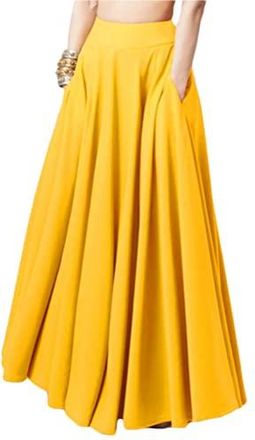 ORANDESIGNE Jupe Longue Femme Ete Taille Elastique Maxi Jupe Fluide Boho Rétro Mode Élégant Couleur Unie Jupe Plissee Trapeze Plage Casual Skirt Ete D Jaune L