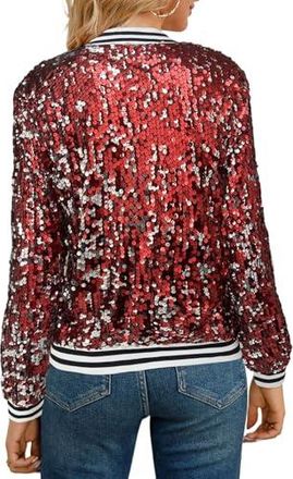 Generic Veste courte &agrave; paillettes pour femme - Ouvert sur le devant, manches longues et fermeture &eacute;clair - Manteaux d&eacute;contract&eacute;s &agrave; paillettes, v&ecirc;tements dext&eacute;