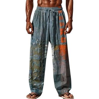 Generic Pantalon de voyage en lin pour homme, pantalon de plage d&eacute;contract&eacute; en lin avec poches, l&eacute;ger, taille &eacute;lastique, cordon de serrage, coupe d&eacute;contract&eacute;e