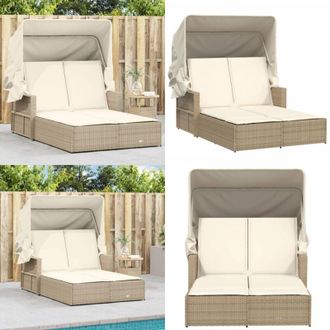 vidaXL Vidaxl - Doppel-Sonnenliege mit Dach und Auflagen Beige Poly Rattan - Doppelsonneliege - Liege - Gartenm&ouml;bel - Outdoorm&ouml;bel - Relax Liege - Home &