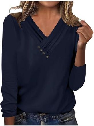 Generic Hauts &agrave; manches longues pour femme, coupe ample, confortable, tunique douce &agrave; boutons, t-shirt d&eacute;contract&eacute;, chemisier de couleur unie, chemises longue