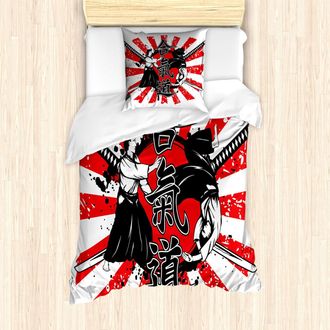Abakuhaus japanisch Bettbezug Set, Aikido Samurai-Kampf, Milbensicher Allergiker geeignet mit Kissenbezügen, 135 cm x 200 cm - 80 x 80 cm, Orange Schwarz Weiß