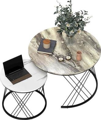 HOMCOM Lot de 2 Tables Basses gigognes Rondes Ø 70/44,5 cm, Tables gigognes de Salon avec Plateau Effet marbre et Pieds en métal, pour Salon, Chambre, Petit 