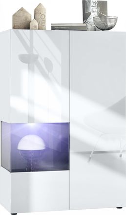 Vladon Vitrine Morena V2, Made in Germany, Standvitrine mit 2 T&uuml;ren und Glaseinsatz, Korpus Wei&szlig; matt, Fronten Wei&szlig; Hochglanz, Cube Schwarz Hochglanz inkl. L
