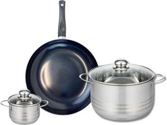 Fackelmann ELO 9716350 Batterie de cuisine 3 pi&egrave;ces, Ensemble de 1 Po&ecirc;le de cuisson 28 cm et 2 faitouts 12 et 24 cm Elo Prima Brillant, inox, induction, Noir