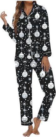 Generic Ensemble de pyjama de No&euml;l pour femme avec poche boutonn&eacute;e et manches longues, Noir, XXL