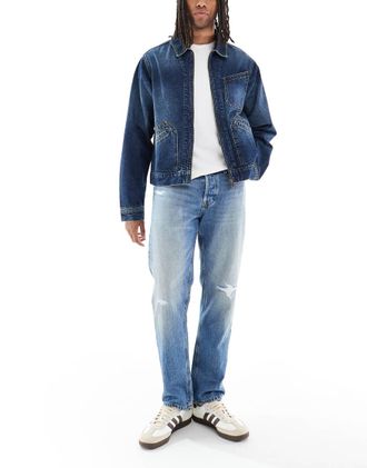 Jack & Jones Christ - Straight Jeans in Blau mit Rissen und Reparaturen