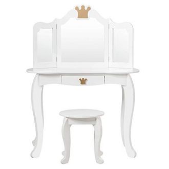 Giantex Coiffeuse pour Enfant avec Tabouret, 3 Miroirs Amovibles et Pliables, Table de Maquillage avec Tiroir, Coiffeuse pour Fille en Bois (Blanc)