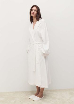 Mango Robe de chambre en coton avec dentelle blanc - Femme - S - MANGO