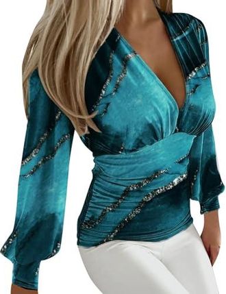 Generic Top Décolleté Sexy Femme Col V, Tunique Grande Taille Impression,Haut Chic et Elegant Coloriés Printemps Automne de La Mode Grâce Chemises Coupe Slim 