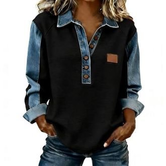 Generic 2026 Sweat Shirt en Denim Patchwork Femme Fashion Manches Longues Sweat Pull Col Rond Couleur Unie Sweater Haut Streetwear Oversize Vetement pour Auto