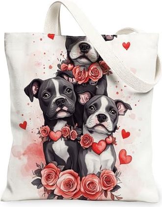 Generic Pitbull Sac fourre-tout en toile motif chien pour faire du shopping 33 x 38,1 cm, sac &agrave; bandouli&egrave;re amusant et r&eacute;utilisable pour femme, peinture danim