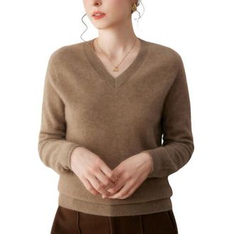 Dissa Pull Cachemire Femme Col V Uni Tricot&eacute; en Vrac Manches Longues Fin Pull en Cachemire et Laine,Marron-2,EU 38,MA9005