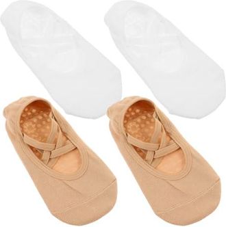 FOMIYES Lot de 2 Paires de Chaussettes de Yoga pour Femmes avec Sangles Antid&eacute;rapantes en Gel Taille Unique Couleurs Beige et Blanc pour Pilates et Danse Pied