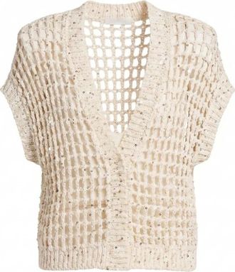 PESERICO Femme, Pulls, Blanc, Taille: 40 FR Cardigan en coton avec ruban et sequins