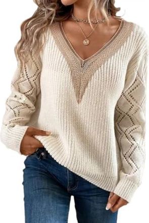 ORANDESIGNE Pull Femme Top Tricoté Elegant Sweater Col en V en Dentelle Manche Longue Sweatshirt Chaude Couleur Unie Pullover Décontracté Pulls Chandail Sweatshir