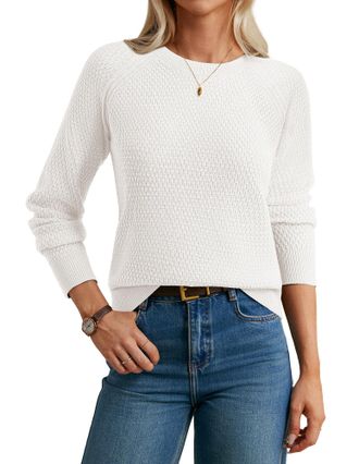 Grace Karin Pullover Damen Langarm Merino Wolle Blend Rundhal Hakelnadel Strickpullover Regular-Fit Wei&szlig; XL