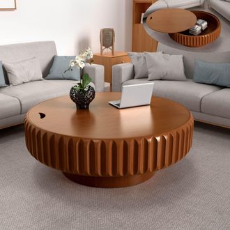 Generic Runder Couchtisch mit Stauraum f&uuml;rs Wohnzimmer, moderner runder Beistelltisch im Landhausstil mit geriffeltem Trommelfu&szlig;, Wohnzimmerm&ouml;bel f&uuml;r kleine W