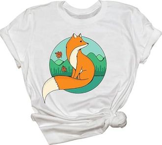 Keephen Kawaii Renard Animaux T-Shirt Femmes Animal Renard Amoureux Impression 3D Manches Courtes Tops Nature For&ecirc;t Vie Sauvage Col Rond Blouse Tees