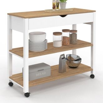 IDMarket Küchenwagen PENH XXL mit Schublade und weißer Arbeitsplatte, Buchenholzplatten B.100 CM