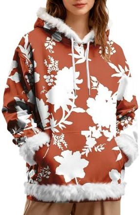 Generic Sweat &agrave; capuche en peluche avec bordure en fausse fourrure pour femme avec poche, imprim&eacute; floral, chandail surdimensionn&eacute; pour femme, pull dhiver d&eacute;co