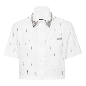 Philipp Plein Femme, Blouses et Chemises, Blanc, Taille: 42 FR Poplin Cropped Shirt SS Strass