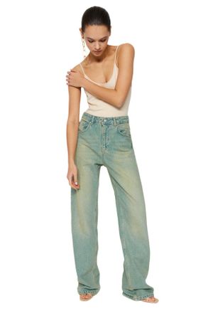 Trendyol Damen Gerade Weites Bein Hohe Taille Jeans, Blau, 34