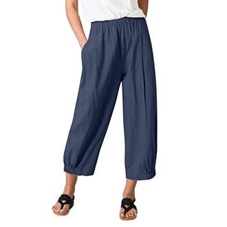 Generic Pantalon pour femme - Coutures droites - Couleur unie - &Eacute;lastique - Court - D&eacute;contract&eacute; - Pantalon large pour femme, bleu marine, S