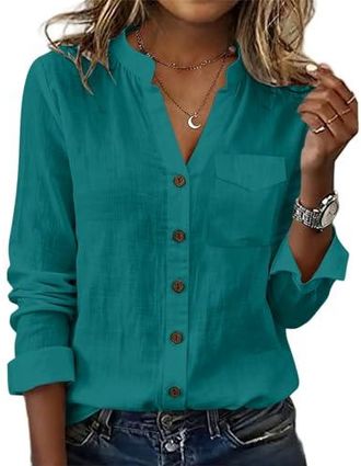 Generic Chemise boutonn&eacute;e en lin pour femme, col mandarin, manches longues, tunique d&eacute;contract&eacute;e avec poche de poitrine, hauts d&eacute;contract&eacute;s, Vert, XXL