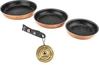 Laguiole Laguiole - Set mit 3 abnehmbaren Pfannen aus Aluminium Kupfer, 20/24/28 cm, Antihaftbeschichtung Greblon C2, Induktion