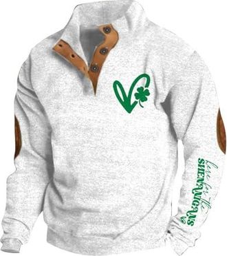 Generic DENGJIAMY - Sweat-shirt irlandais &agrave; manches longues pour homme - Motif tr&egrave;fle ray&eacute; - Col quart de bouton - Haut graphique de vacances pour homme, blan