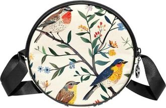 Generic Sac &agrave; bandouli&egrave;re rond pour femme, motif fleurs printani&egrave;res, oiseaux, petit sac &agrave; bandouli&egrave;re avec fermeture &eacute;clair, bretelles r&eacute;glables, sac &agrave; main 