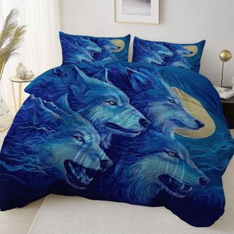 Generic Bettw&auml;sche 180 x 200 cm Set 3 Teilig, Fantasie Mond Wolf Muster Mikrofaser Bettbezug mit Rei&szlig;verschluss, Blau Leicht Weich Wendebettw&auml;sche mit Kopfkis