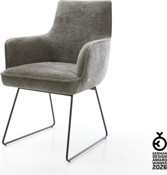 DELIFE Esszimmerstuhl Heira-Flex mit Armlehnen Boucl&eacute; Soft Schlamm Kufengestell Schwarz Taschenfederkern, Esszimmerst&uuml;hle