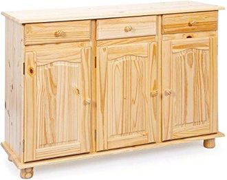 Inter Link SAS Landhausstil Kommode - Sideboard - Sideboard Buffet - Landhausstil - Beistellschrank - Kiefer massiv - 3 Türen - 3 Schubladen - Natur lackiert - Abaco