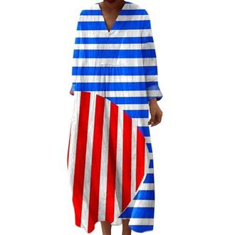 Generic Robes graphiques d&eacute;contract&eacute;es midi 2025 col en V manches longues r&eacute;tro robes amples robe &eacute;l&eacute;gante femme sexy, bleu, 4XL