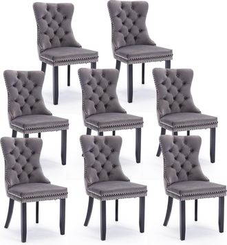 Generic Esszimmerstuhl-Set Aus Leder - Stühle Mit Hoher Rückenlehne, Knopfheftung Und Beinen Aus Massivholz(Wood-Grey,8)