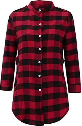 Generic Chemises longues &agrave; carreaux surdimensionn&eacute;es pour femme - Chemise &agrave; carreaux &agrave; manches longues boutonn&eacute;e - Chemisier basique ample &agrave; carreaux avec poc
