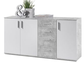 M&ouml;belando Kommode Sideboard Mehrzweckschrank Schrank Standschrank Freida III Beton/Wei&szlig;