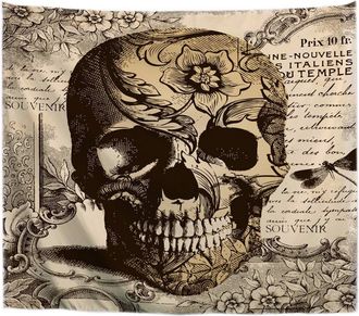 A.Monamour Wanddekor Wohnaccessoires Deko Wandteppiche Schädel Und Rose Blume Retro-Stil Halloween Horror Themed Kunst Gedruckt Stoff Tapisserie Wand Hängende De