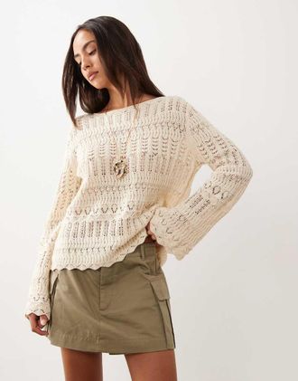 Nobody's Child Top en crochet &agrave; manches &eacute;vas&eacute;es - Cr&egrave;me-Blanc